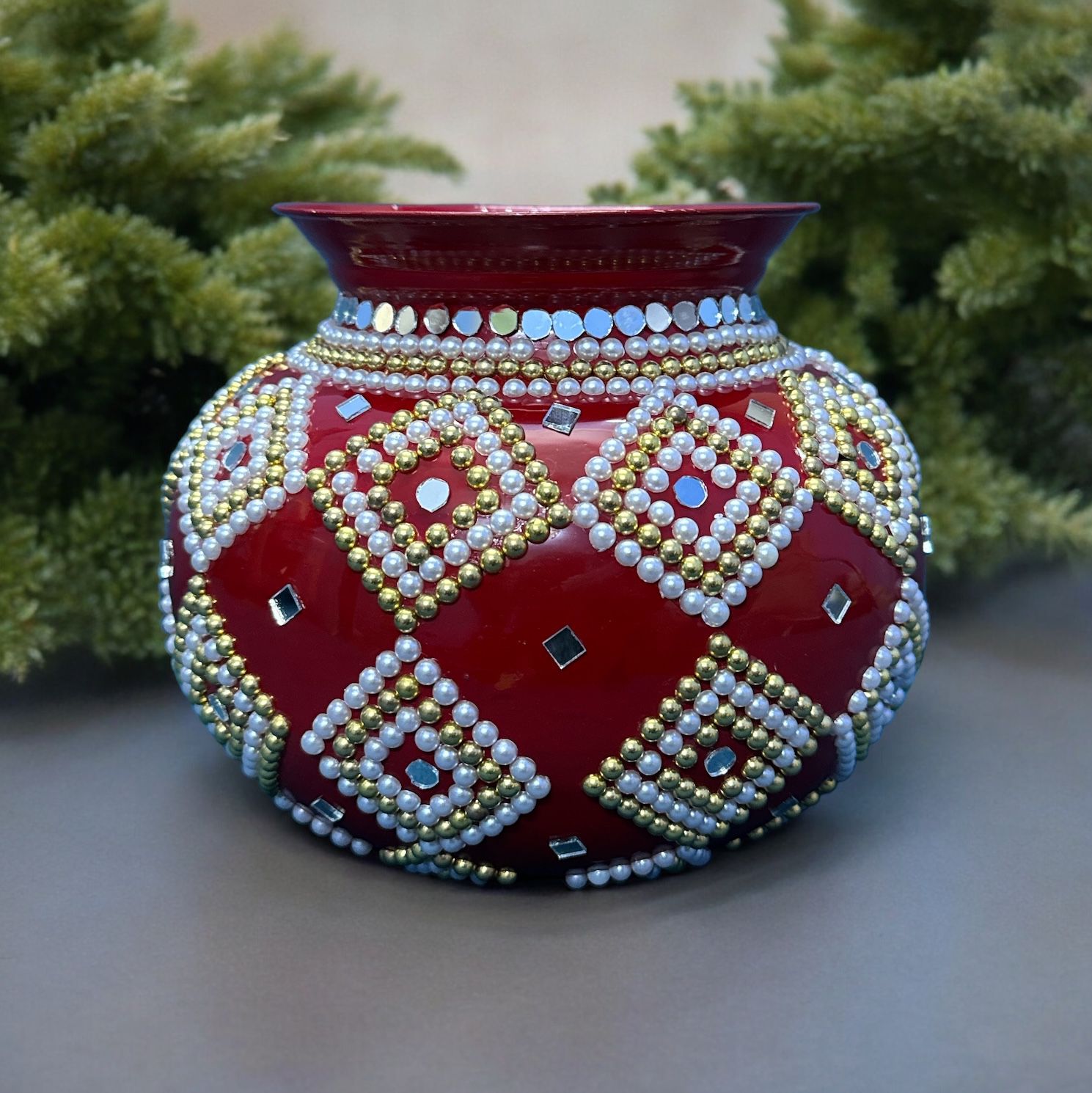 Decorative Round Kundan and Moti Pot (Design-1) – The Homece